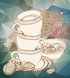Tea time with cute cups freehand drawing sketch Vector Image