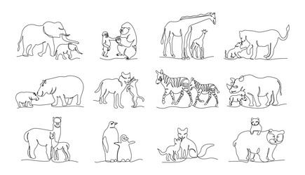 Continuous line exotic animals trendy monoline Vector Image