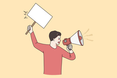 Small cartoon man with megaphone announcement Vector Image
