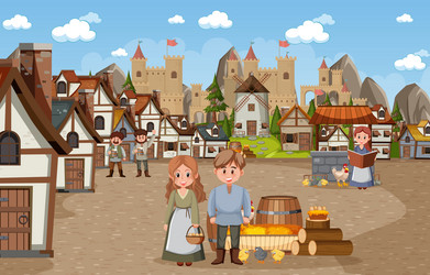 Ancient medieval village scene with villagers Vector Image