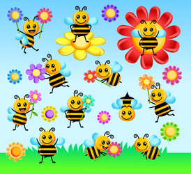 Bees flying over some flowers Royalty Free Vector Image
