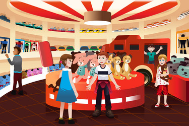 Cartoon toy shop interior with goods and furniture
