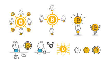 Stick figures bitcoins Royalty Free Vector Image