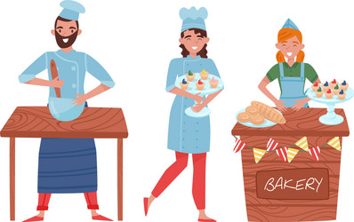 Smiling man and woman baking bread making Vector Image