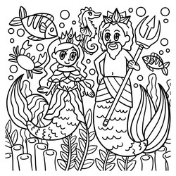 Mermaid and merman playing coloring page for kids Vector Image