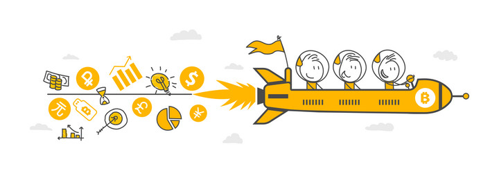 Stick figures bitcoin spaceship flying Royalty Free Vector