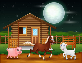 Farm animals playing in night scene Royalty Free Vector