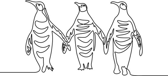 Continuous line drawing three penguins follow each