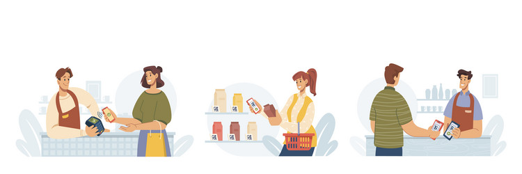 Contactless pay qr codes hopping in supermarket Vector Image