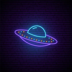 Neon ufo signboard bright glowing flying saucer Vector Image