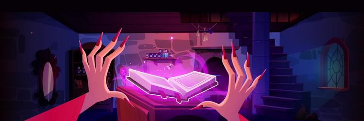 Witch hands conjure over flying glowing spell book