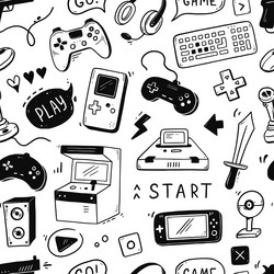 Video game hand drawn doodle seamless pattern Vector Image