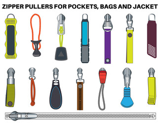 Zipper puller flat sketch set different types Vector Image