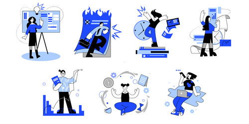 Set of cartoon characters doing different tasks Vector Image