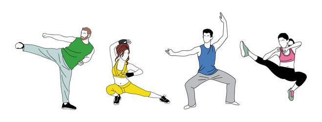 Martial art training outline drawings set Vector Image