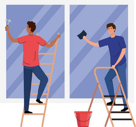 Man cartoon with construction hammer on ladder Vector Image