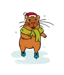 Cute capybara is ice skating flat style Royalty Free Vector