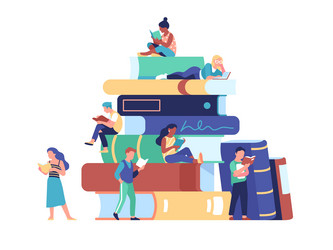 Books word people readers characters around big Vector Image