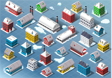 Set of isometric building in spring Royalty Free Vector