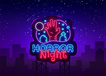 Horror night neon sign halloween poster Royalty Free Vector