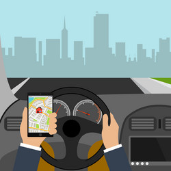 Man using smartphone while driving the car Vector Image