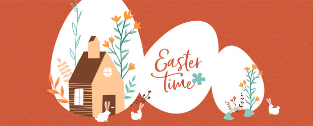 Happy easter card spring farm house with rabbits Vector Image