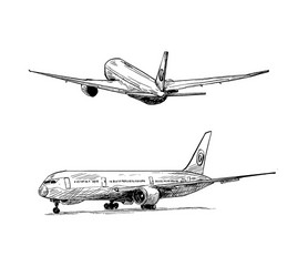 Drawing airplane landing at airport Royalty Free Vector