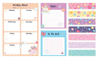 Happy unicorns weekly planner and note pages set Vector Image