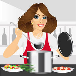 Smiling young woman cooking in kitchen Royalty Free Vector