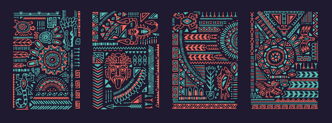 Ethnic posters set ancient aztec tribal cards Vector Image