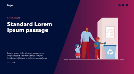 Dad with kids throwing litter in recycling bin Vector Image