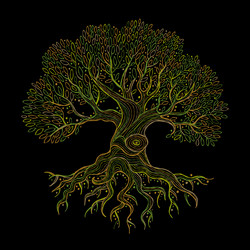 Old big family tree with roots on black background