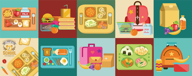 School lunch set food boxes and kids bags Vector Image