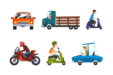 Young man driving car van riding scooter Vector Image