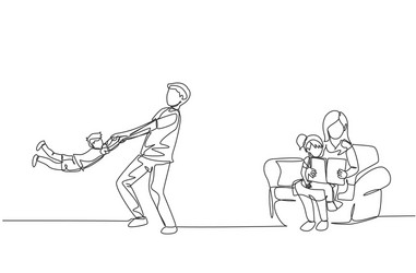 Single continuous line drawing a family gathered Vector Image