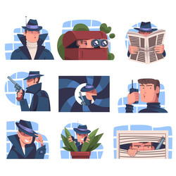Man spy character in black coat and hat Royalty Free Vector