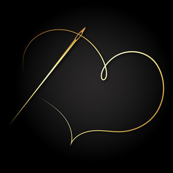 Gold needle with spool of thread and heart Vector Image