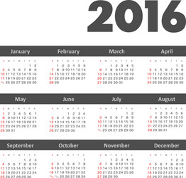 Simple 2016 year calendar Royalty Free Vector Image