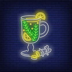 Tea green cup neon sign concept design Royalty Free Vector