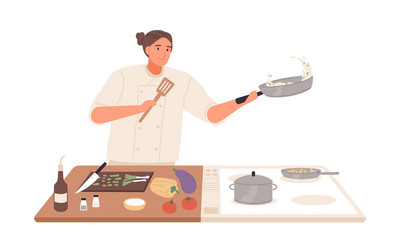 Male chef cooking with pan and spatula Royalty Free Vector