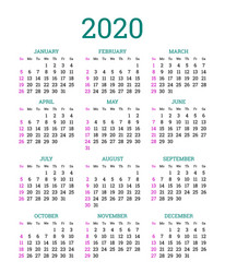 Calendar 2020 in english week starts Royalty Free Vector