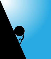 Man pushing big boulder uphill cartoon Royalty Free Vector