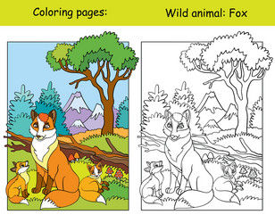 Cartoon fox coloring book game for kids Royalty Free Vector