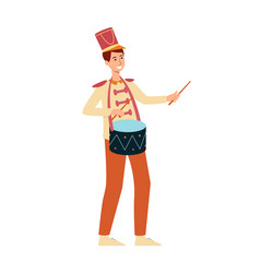 Young man in parade costume with drum flat Vector Image