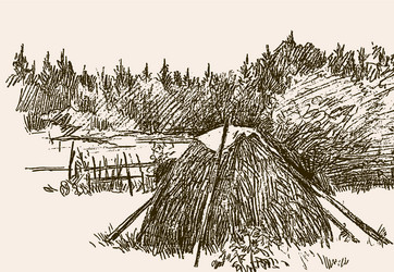 Tent in the forest campfire sketch hand drawn Vector Image