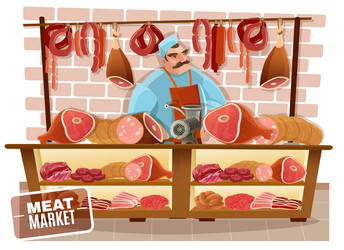 Cartoon butcher with meat man character Royalty Free Vector
