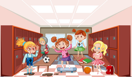 Locker room scene with school kids Royalty Free Vector Image