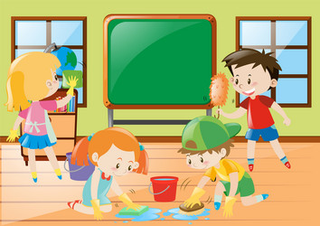 Scene with students cleaning classroom together Vector Image