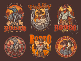 Rodeo show colorful set stickers Royalty Free Vector Image