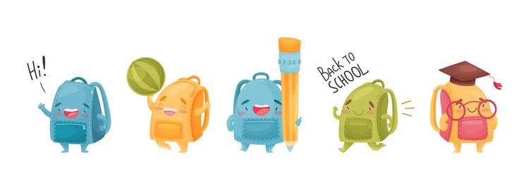 Cartoon schoolbags or school rucksack character Vector Image